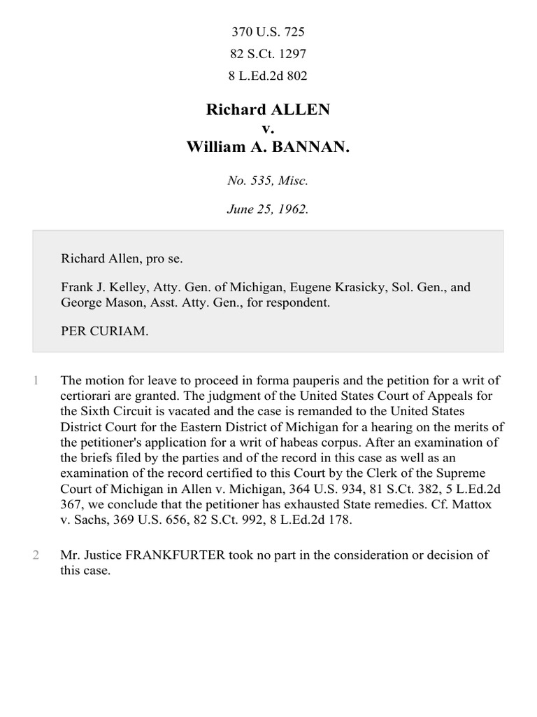 Richard Allen v. William A. Bannan, 370 U.S. 725 (1962) | PDF | Law