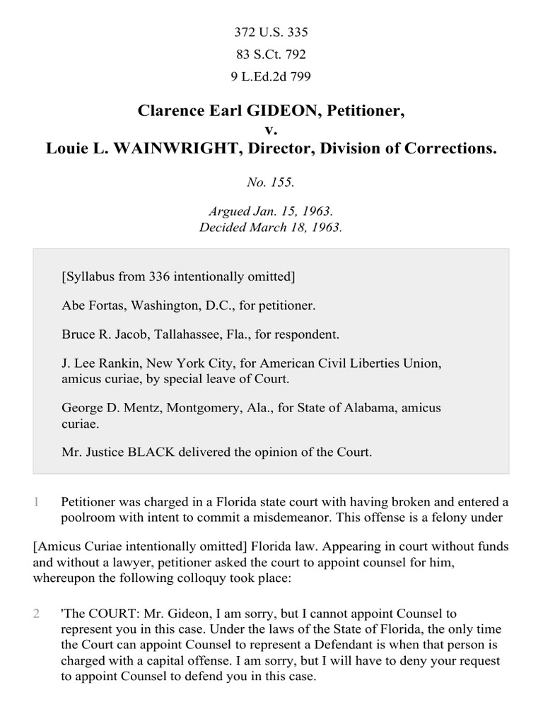 Gideon v. Wainwright, 372 U.S. 335 (1963) | PDF | Fourteenth Amendment ...