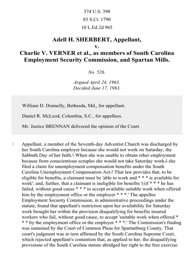 Sherbert v. Verner, 374 U.S. 398 (1963) | PDF | Free Exercise Clause ...