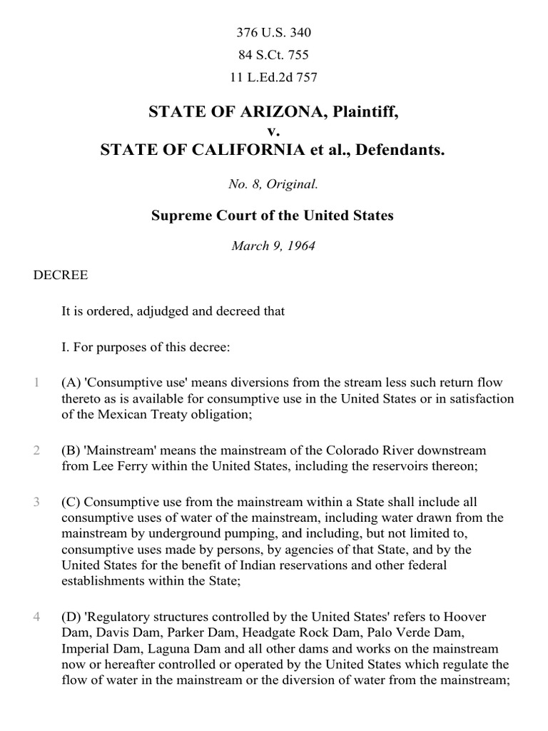 Arizona v. California, 376 U.S. 340 (1964) | Colorado River | Water Right
