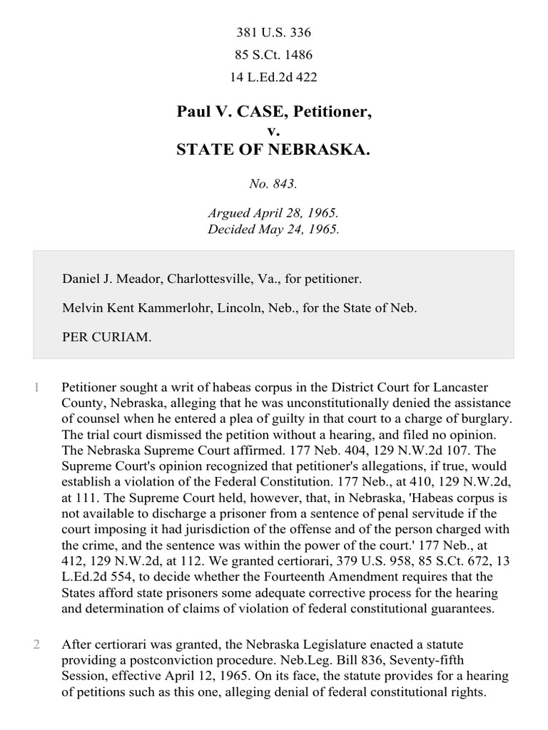 Case v. Nebraska, 381 U.S. 336 (1965) | PDF | Coram Nobis | Supreme ...