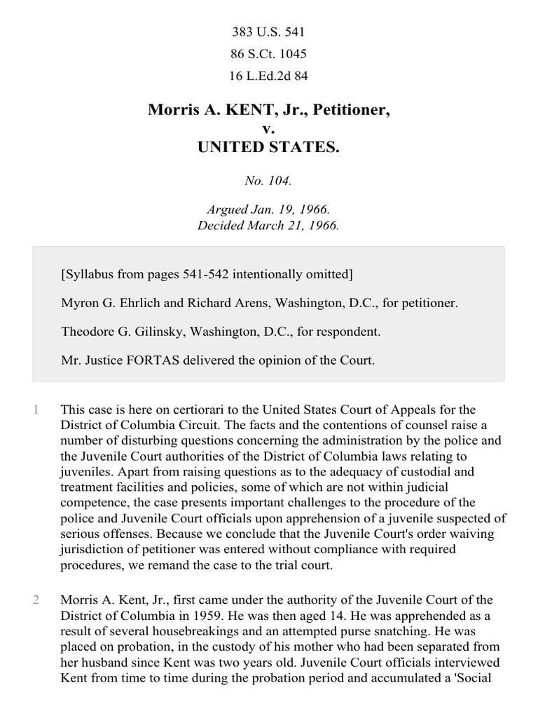 Kent v. United States, 383 U.S. 541 (1966) | Juvenile Court | Judgment ...