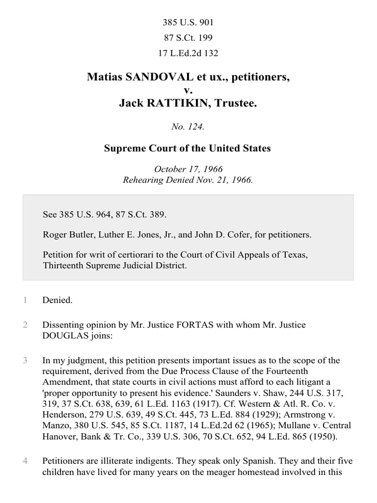 Matias Sandoval Et Ux. v. Jack Rattikin, Trustee, 385 U.S. 901 (1966 ...