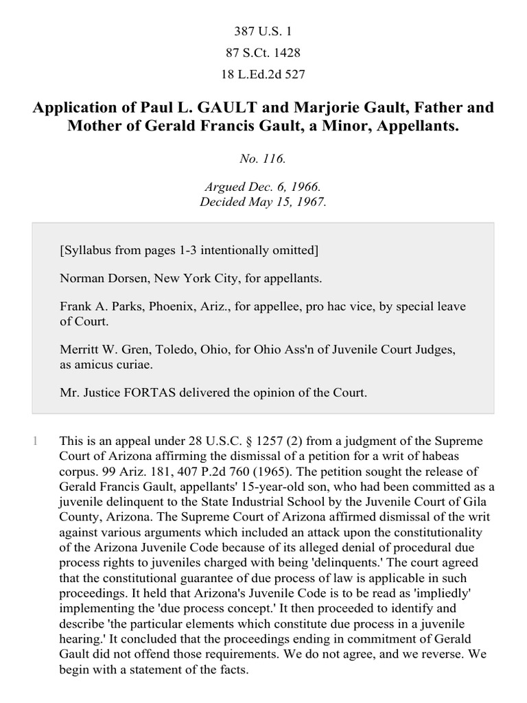 In Re GAULT, 387 U.S. 1 (1967) | PDF | Fourteenth Amendment To The ...