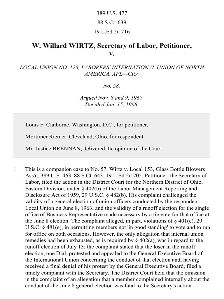 W. Willard WIRTZ, Secretary of Labor, Petitioner, V | PDF | Supreme ...