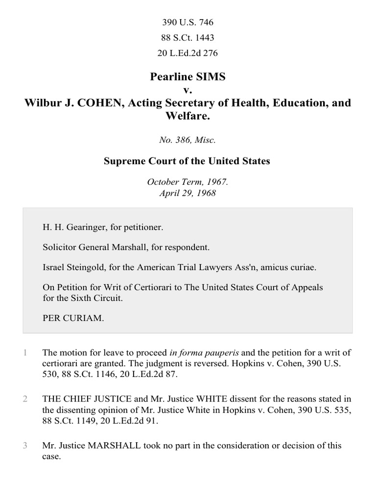 Sims v. Cohen, 390 U.S. 746 (1968) | PDF