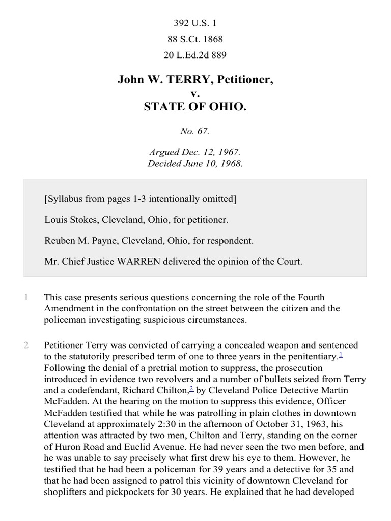 Terry v. Ohio Case Summary (1968) | PDF | Search And Seizure | Fourth ...