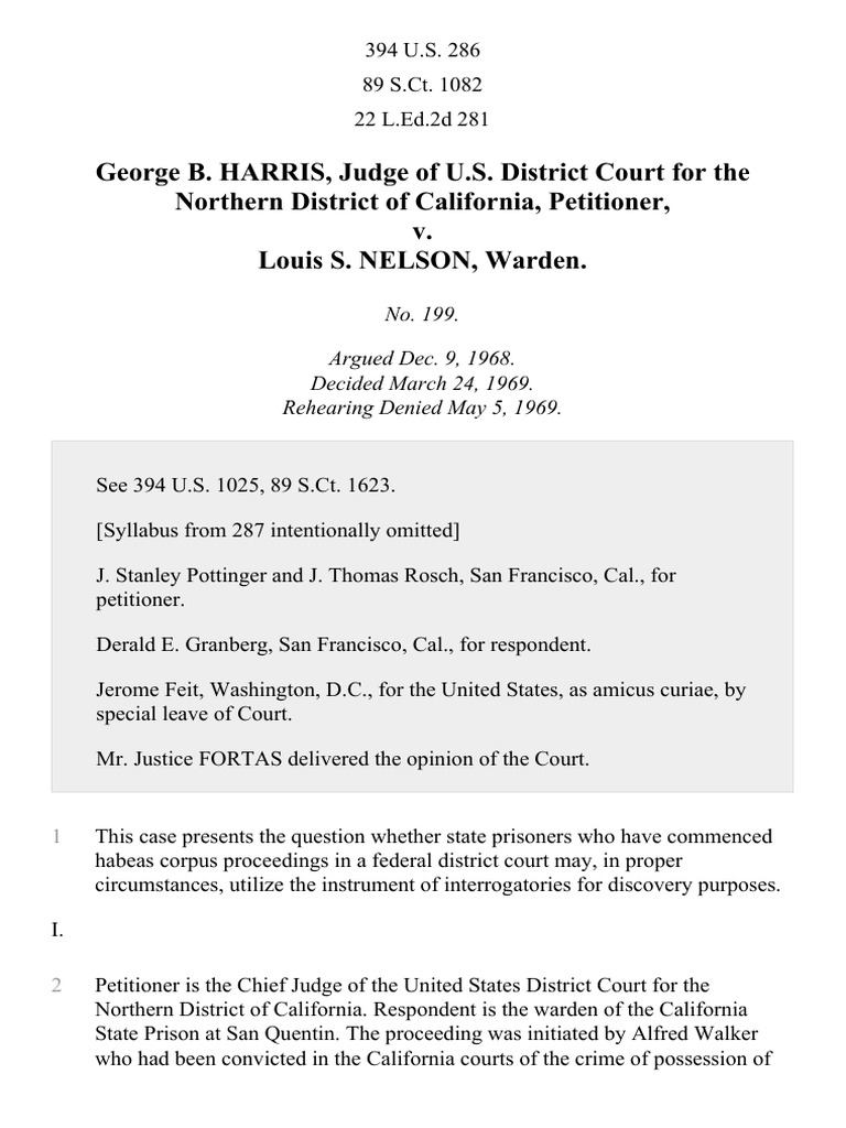 Harris v. Nelson, 394 U.S. 286 (1969) | PDF | Discovery (Law) | Habeas ...