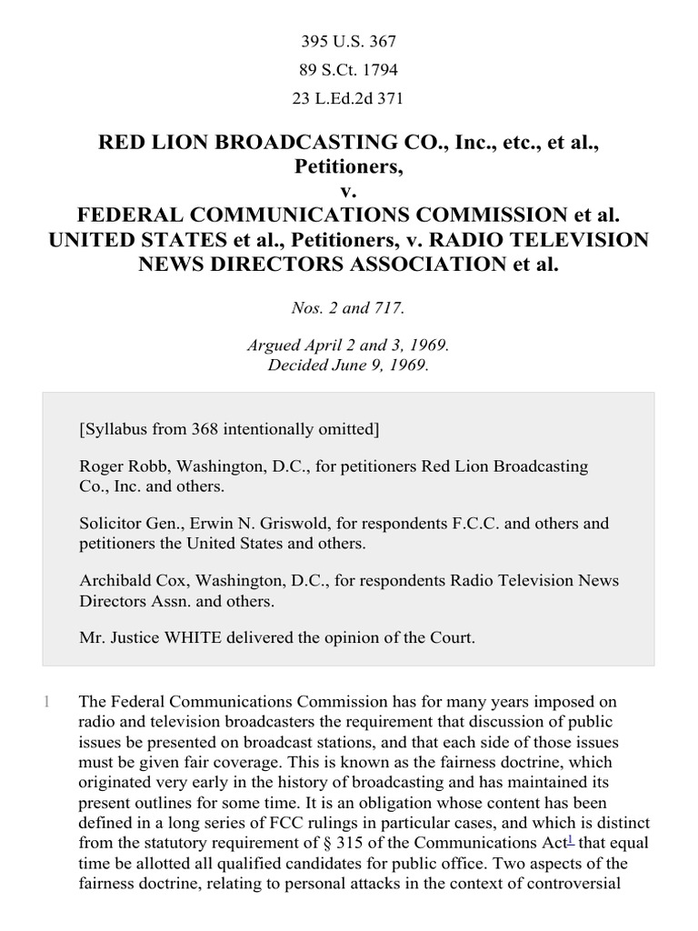 Red Lion Broadcasting Co. v. FCC, 395 U.S. 367 (1969) | PDF | First ...