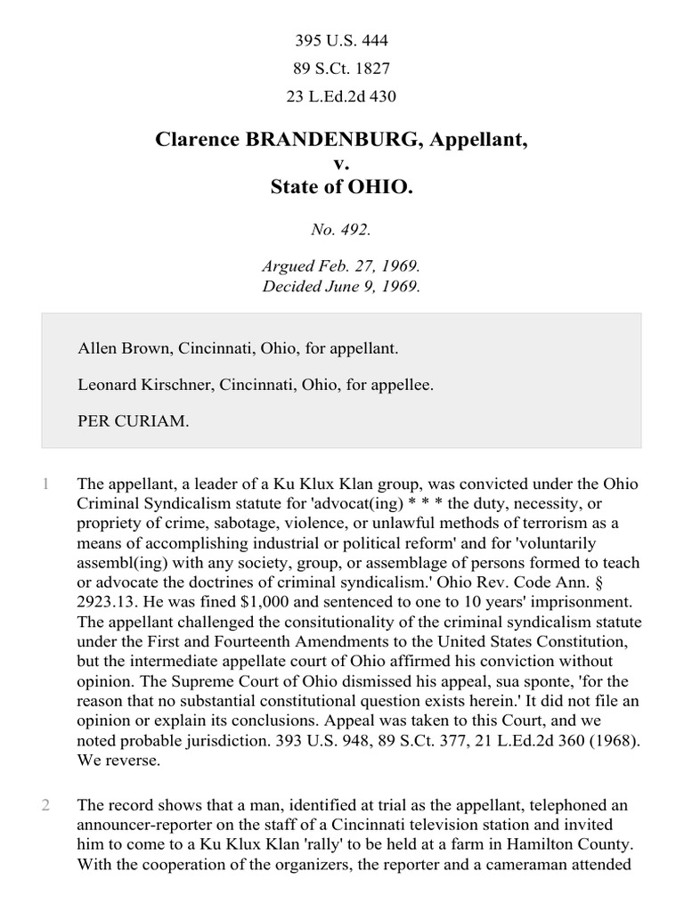 Brandenburg v. Ohio, 395 U.S. 444 (1969) | First Amendment To The ...