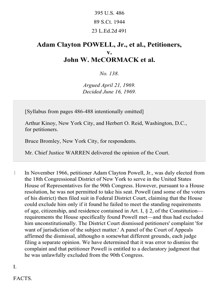 Powell v. McCormack Case Summary | PDF | Supreme Court Of The United ...