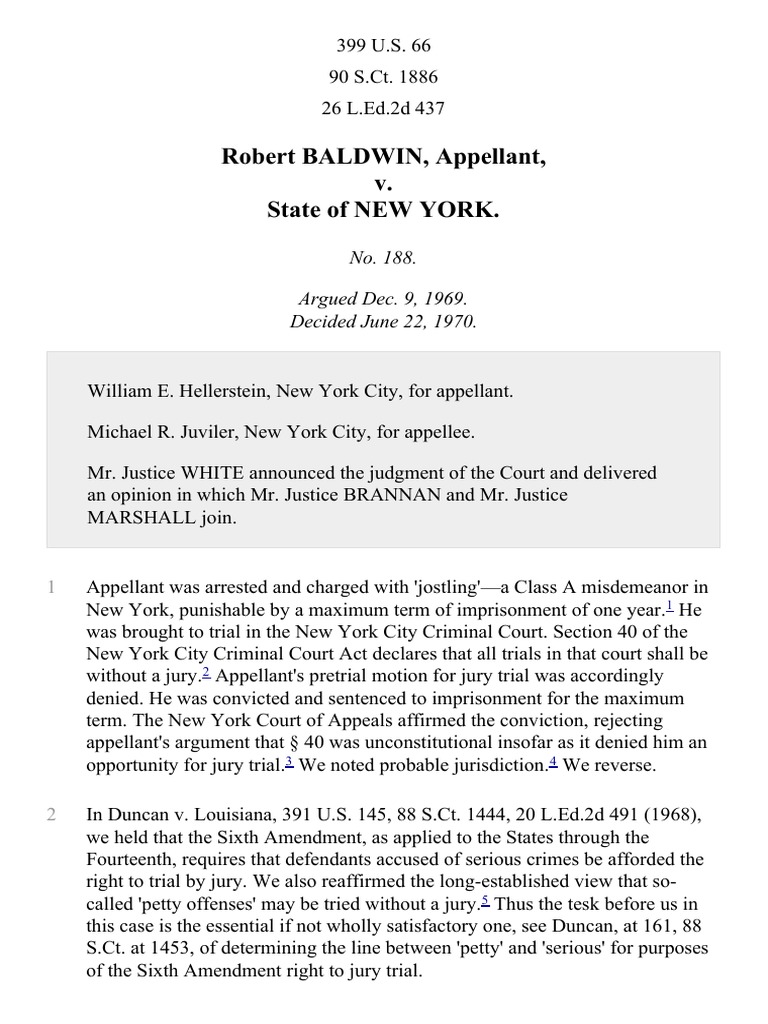 Baldwin v. New York, 399 U.S. 66 (1970) | PDF | Jury Trial | Sixth ...
