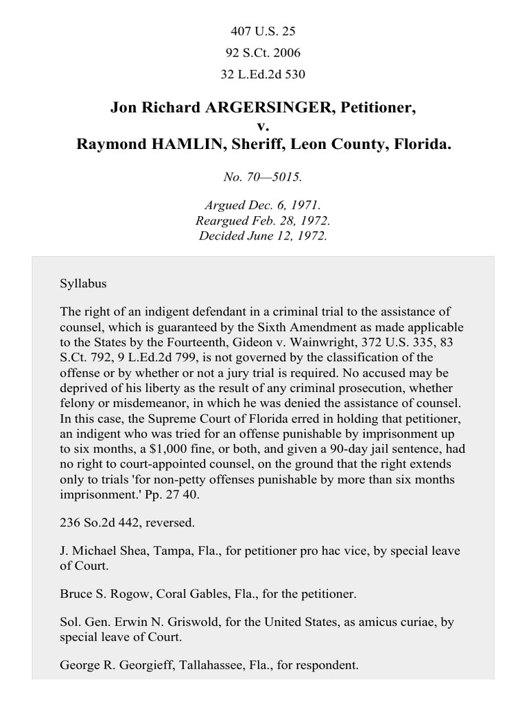 Argersinger v. Hamlin, 407 U.S. 25 (1972) | PDF | Jury Trial | Sixth ...