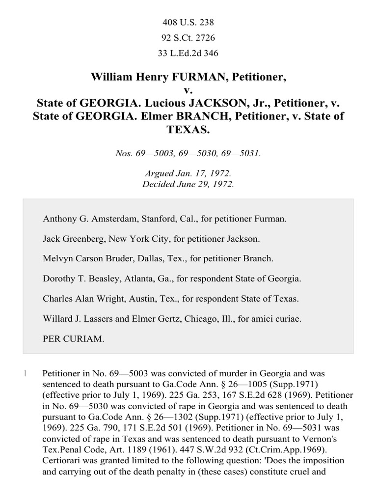 Furman v. Georgia: Death Penalty Ruling | PDF | Eighth Amendment To The ...