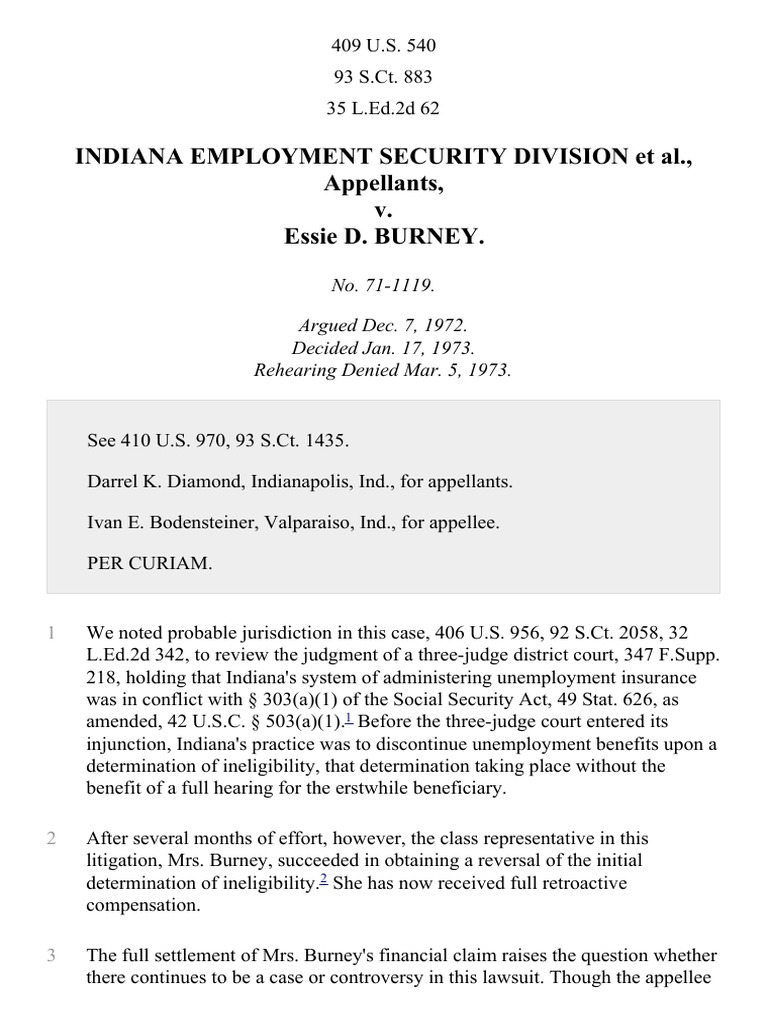 Indiana Employment Security Div. v. Burney, 409 U.S. 540 (1973) | PDF ...