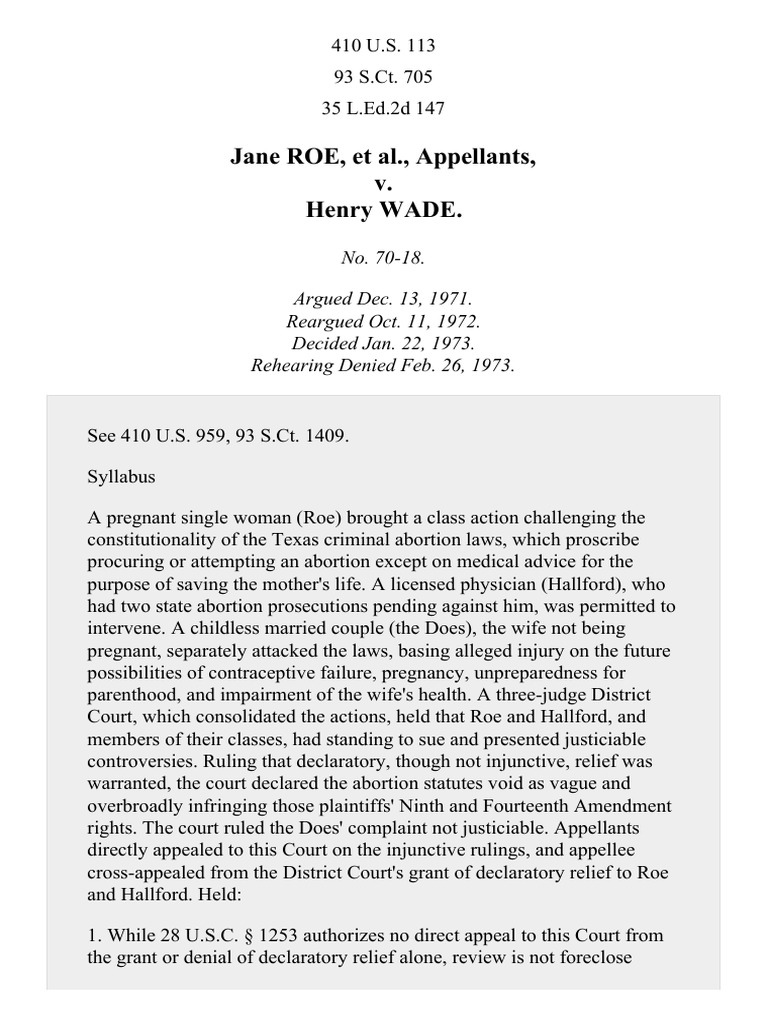 Jane ROE, Et Al., Appellants, v. Henry WADE | PDF | Mootness | Griswold ...