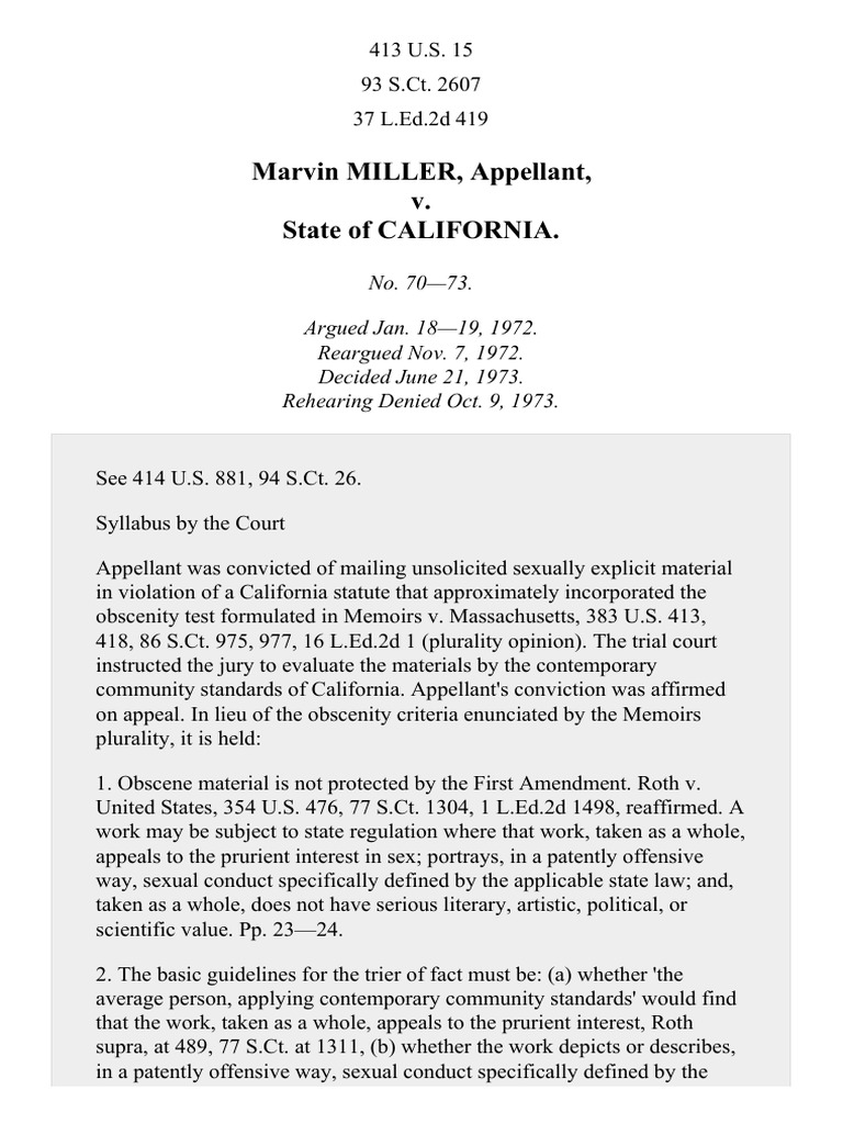 Miller v. California, 413 U.S. 15 (1973) | PDF | First Amendment To The ...