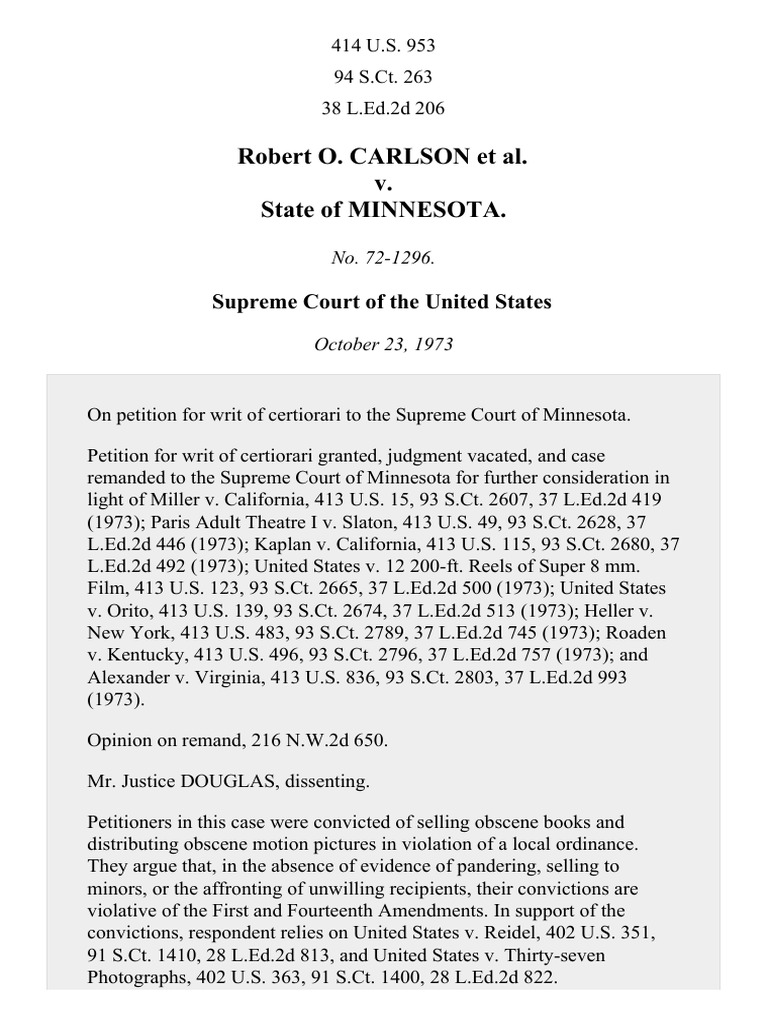 Robert O. Carlson v. State of Minnesota, 414 U.S. 953 (1973) | PDF ...
