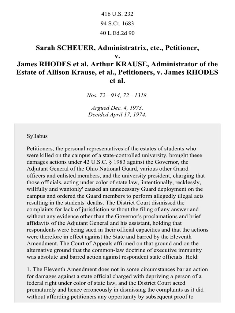 Scheuer v. Rhodes, 416 U.S. 232 (1974) | PDF | Supreme Court Of The ...