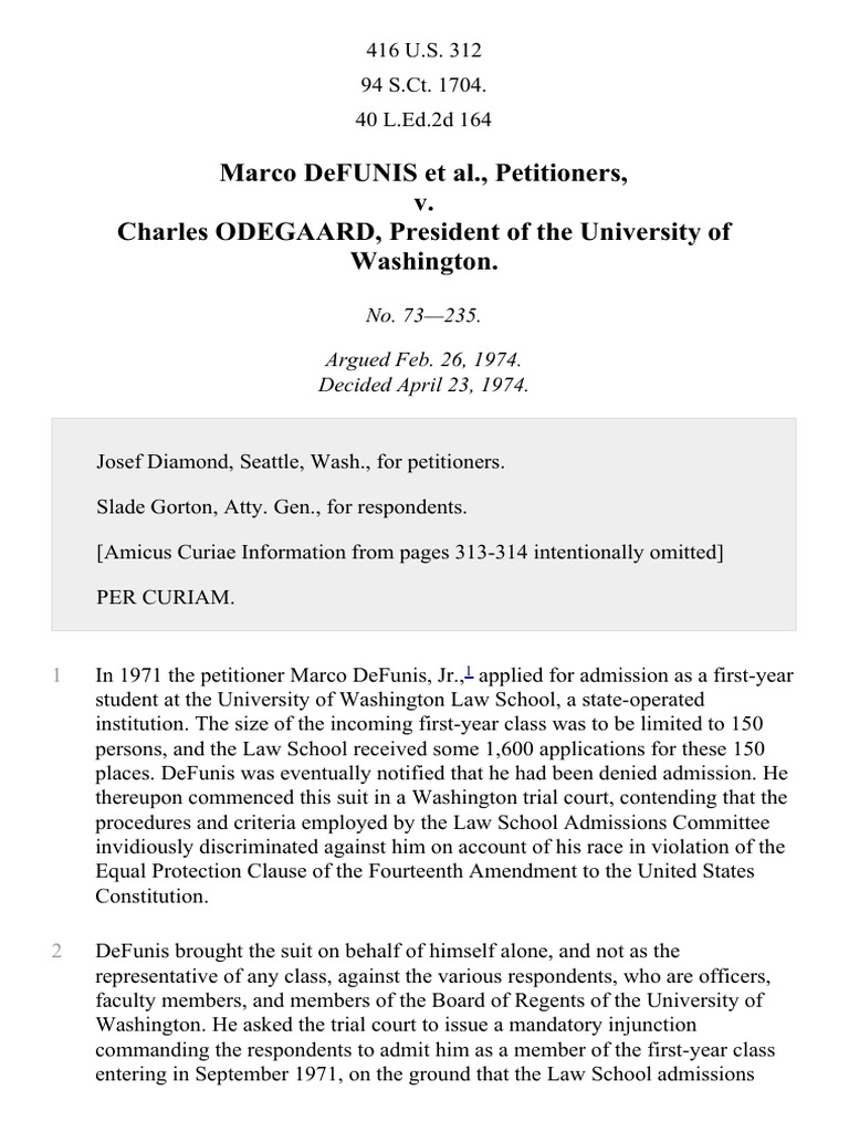 DeFunis v. Odegaard Case Summary | PDF | Mootness | Supreme Court Of ...