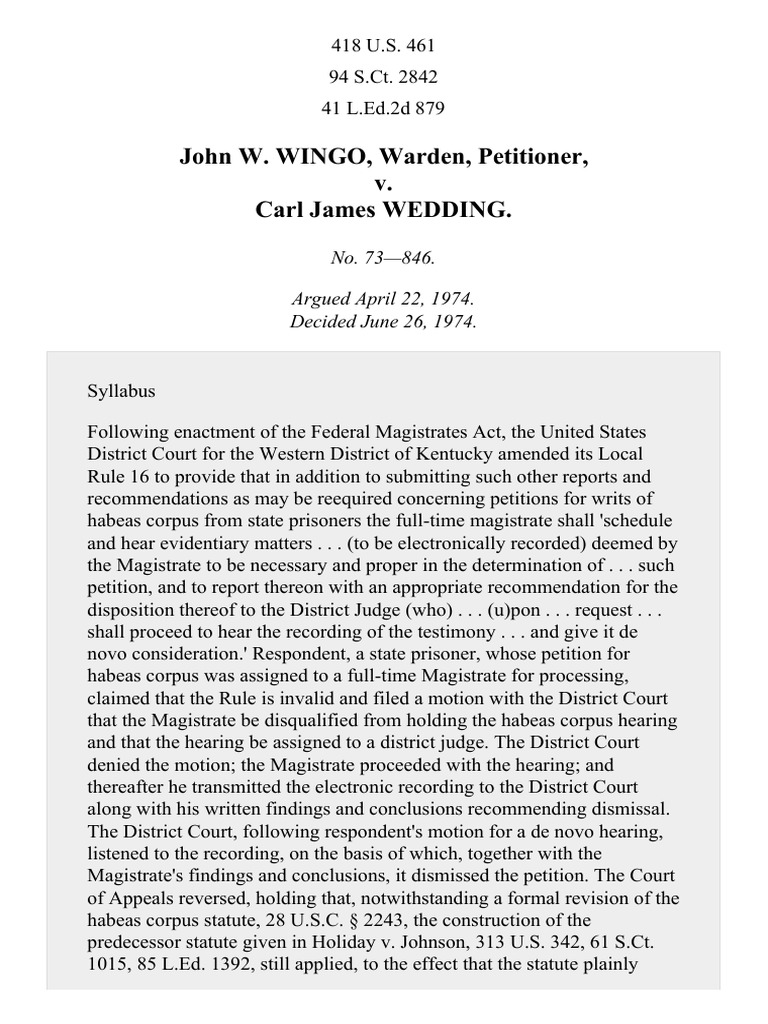 Wingo v. Wedding, 418 U.S. 461 (1974) | PDF | United States Magistrate ...