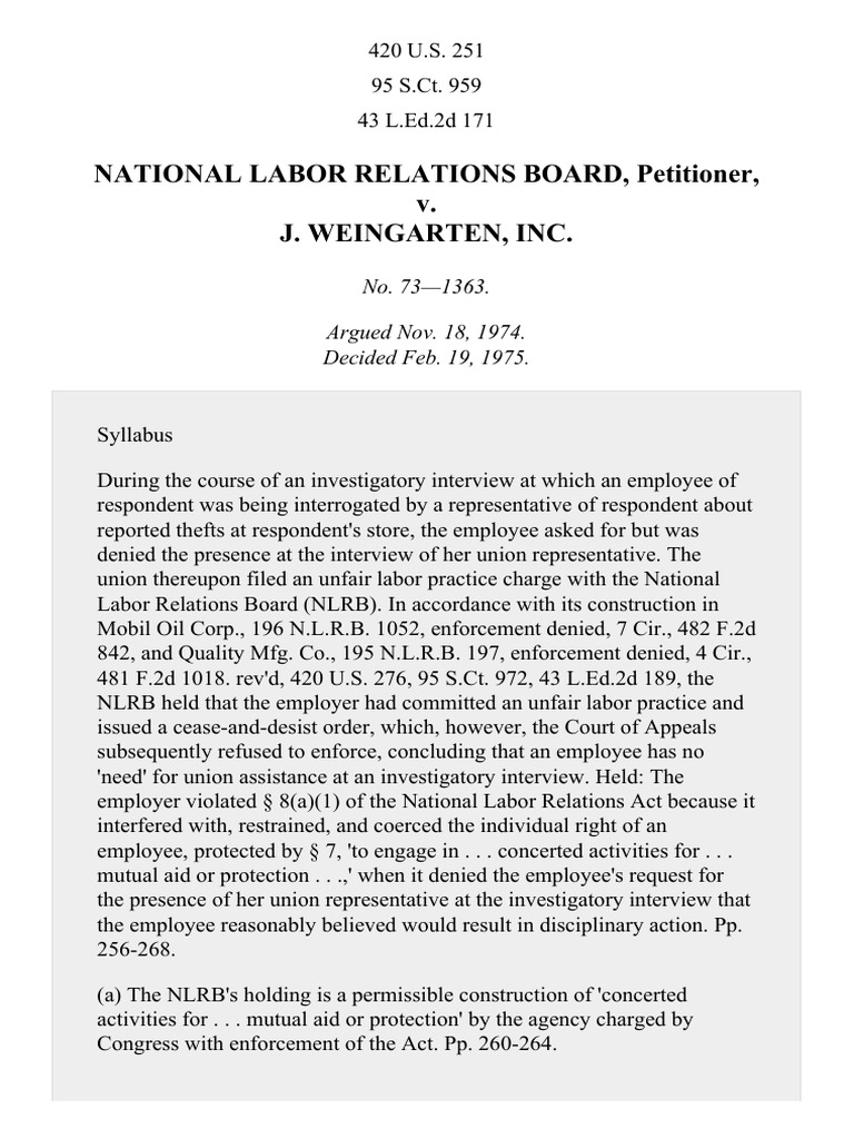 NLRB v. J. Weingarten, Inc., 420 U.S. 251 (1975) | PDF | National Labor ...