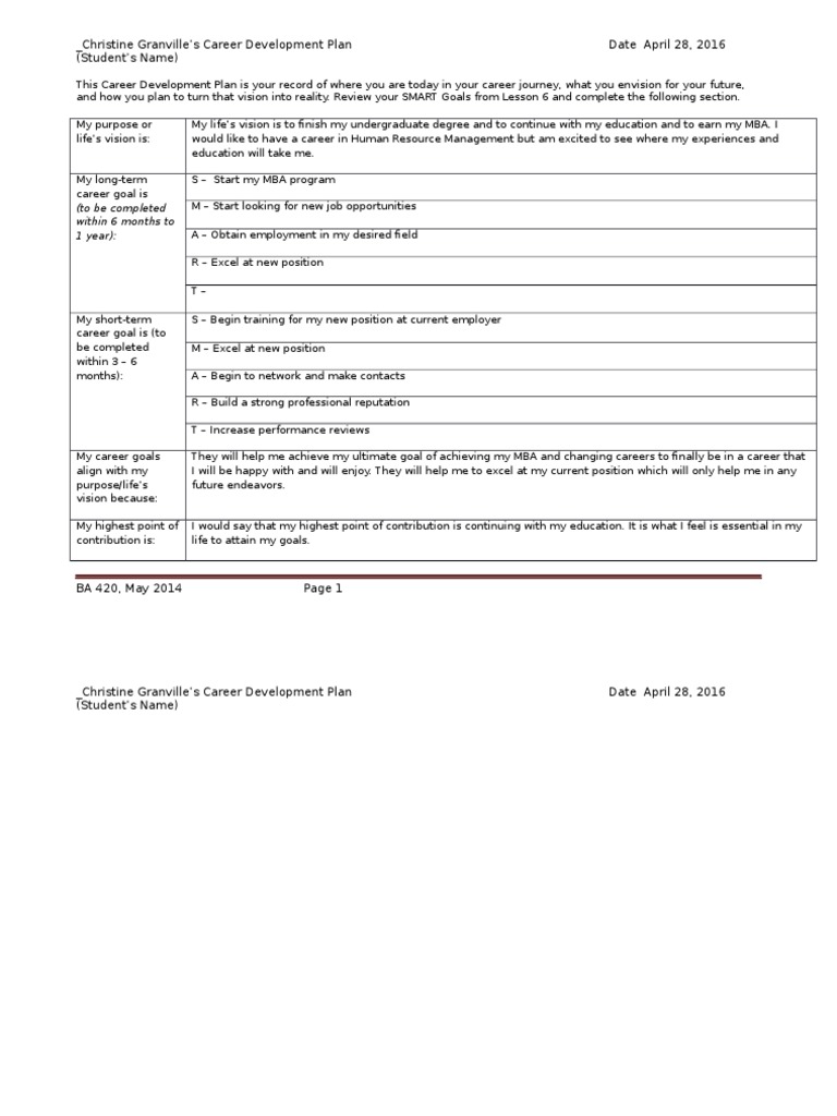 Christine Granville's Career Plan | PDF | Bachelor Of Arts | Goal