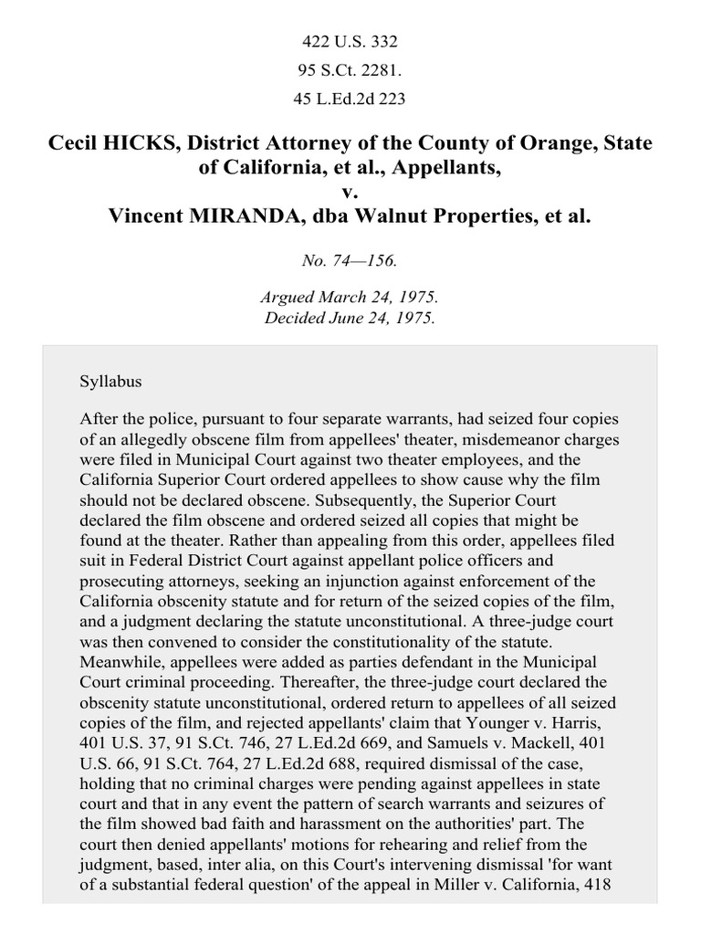 Hicks v. Miranda, 422 U.S. 332 (1975) | PDF | Supreme Court Of The ...