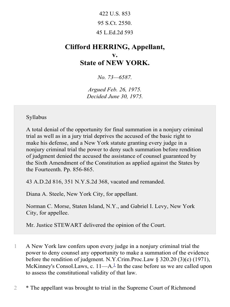 Herring v. New York, 422 U.S. 853 (1975) | PDF | Sixth Amendment To The ...