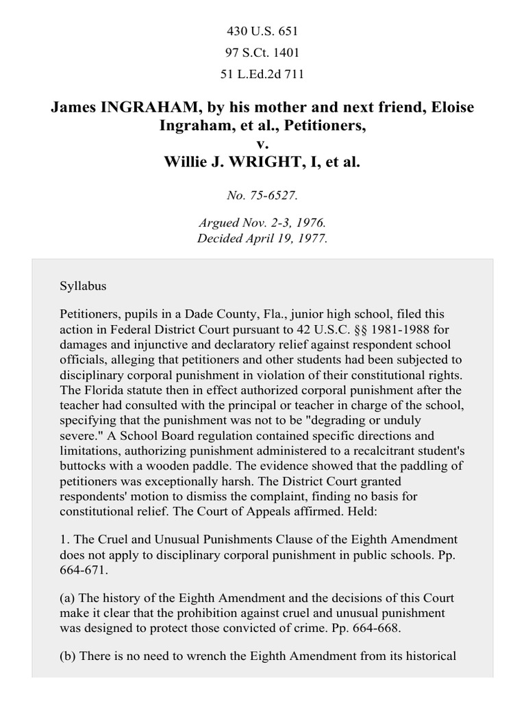 Ingraham v. Wright, 430 U.S. 651 (1977) | Eighth Amendment To The ...