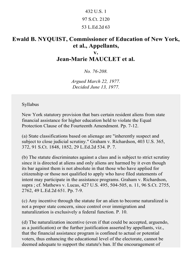 Nyquist v. Mauclet, 432 U.S. 1 (1977) | PDF | Suspect Classification ...