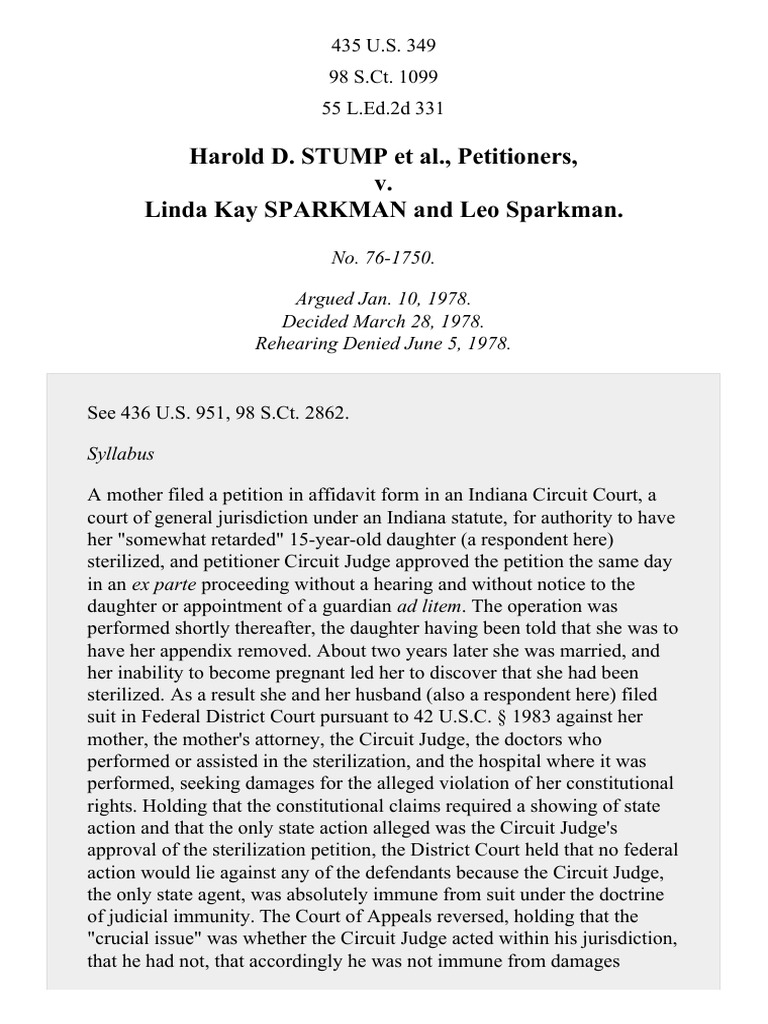 Stump v. Sparkman, 435 U.S. 349 (1978) | PDF | Jurisdiction | Supreme ...