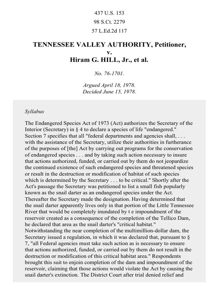 TVA v. Hill, 437 U.S. 153 (1978) | PDF | Endangered Species Act Of 1973 ...