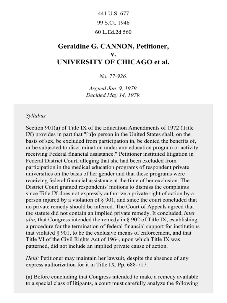 Cannon v. University of Chicago Case Summary | PDF | Implied Cause Of ...