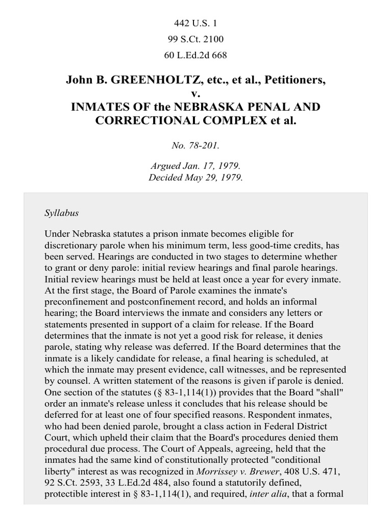 Greenholtz v. Inmates of Neb. Penal and Correctional Complex, 442 U.S ...