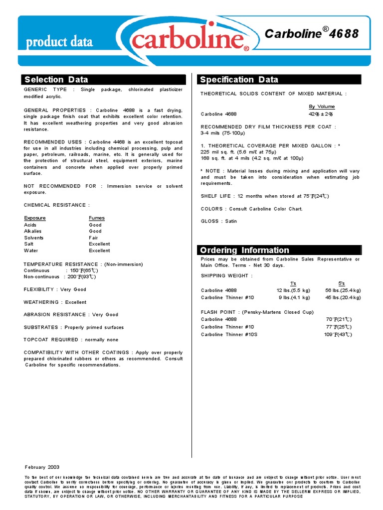 Carboline 4688: Selection Data Specification Data | Download Free PDF | Paper | Chemistry
