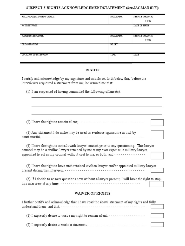 Military Right's Waiver Form (Article 31b) | Miranda Warning ...