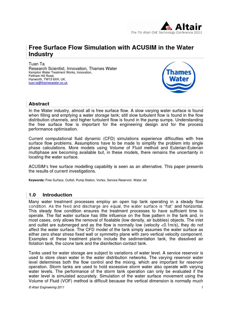 Free Surface Flow Simulation With ACUSIM in The Water Industry | PDF | Pump | Computational ...