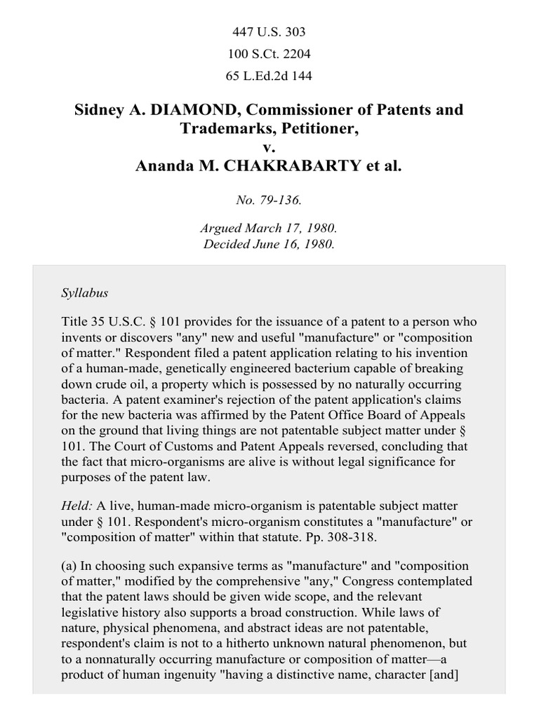Diamond v. Chakrabarty, 447 U.S. 303 (1980) | PDF | Supreme Court Of ...