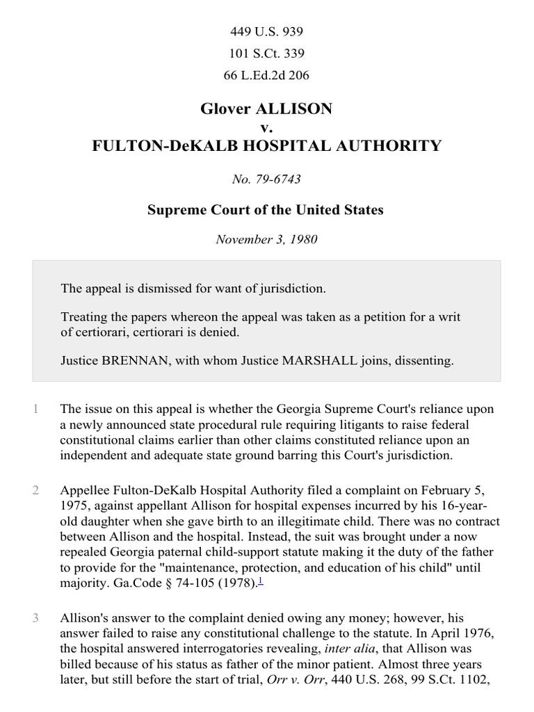 Glover Allison v. Fulton-Dekalb Hospital Authority, 449 U.S. 939 (1980 ...
