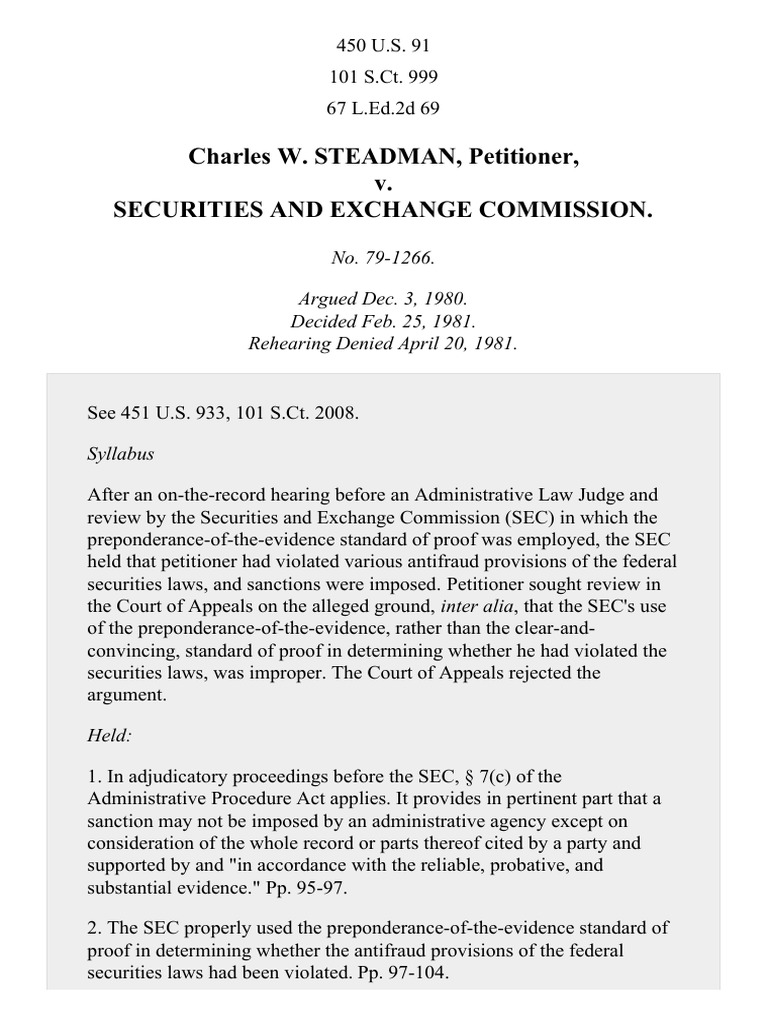 Steadman v. SEC, 450 U.S. 91 (1981) | PDF | Burden Of Proof (Law ...