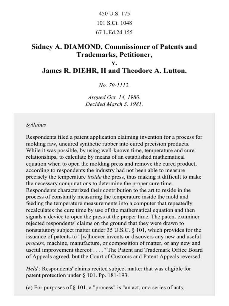 Diamond v. Diehr, 450 U.S. 175 (1981) | PDF | Patent Claim | Monopoly ...