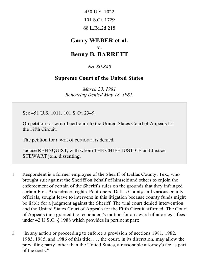 Garry Weber v. Benny B. Barrett, 450 U.S. 1022 (1981) | PDF | Supreme ...