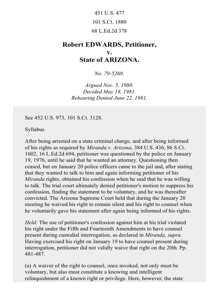 Edwards v. Arizona, 451 U.S. 477 (1981) | PDF | Miranda Warning | Right ...