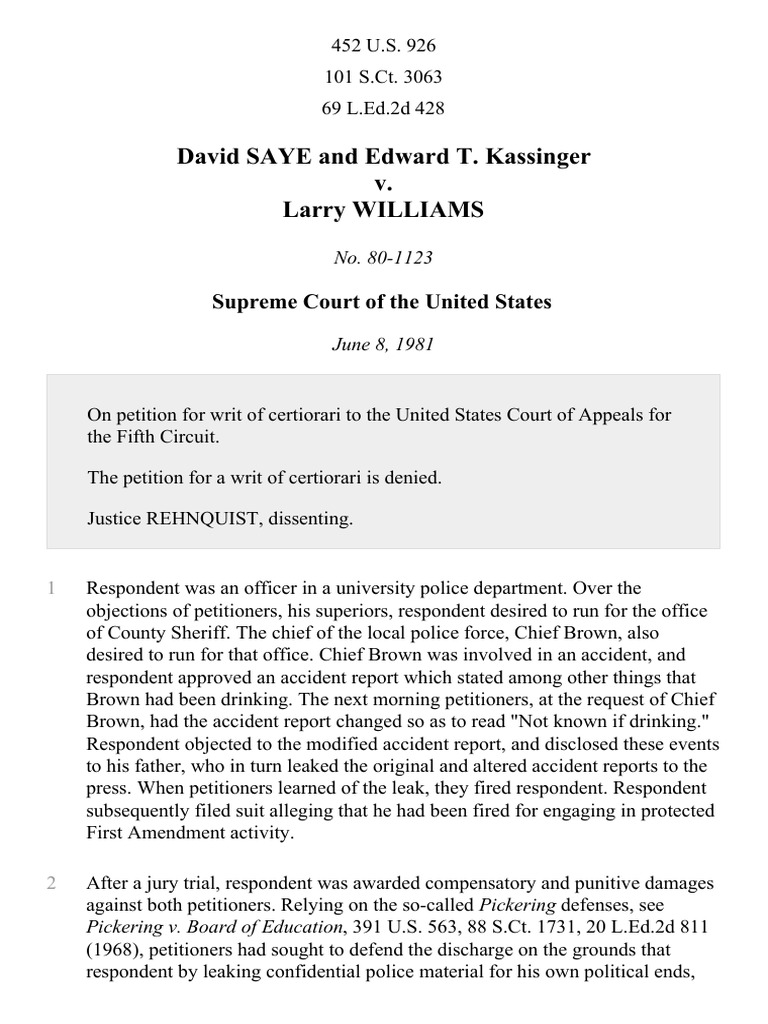David Saye and Edward T. Kassinger v. Larry Williams, 452 U.S. 926 ...
