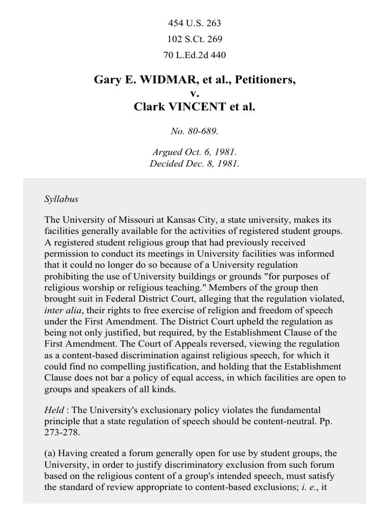 Widmar v. Vincent, 454 U.S. 263 (1981) | PDF | First Amendment To The ...