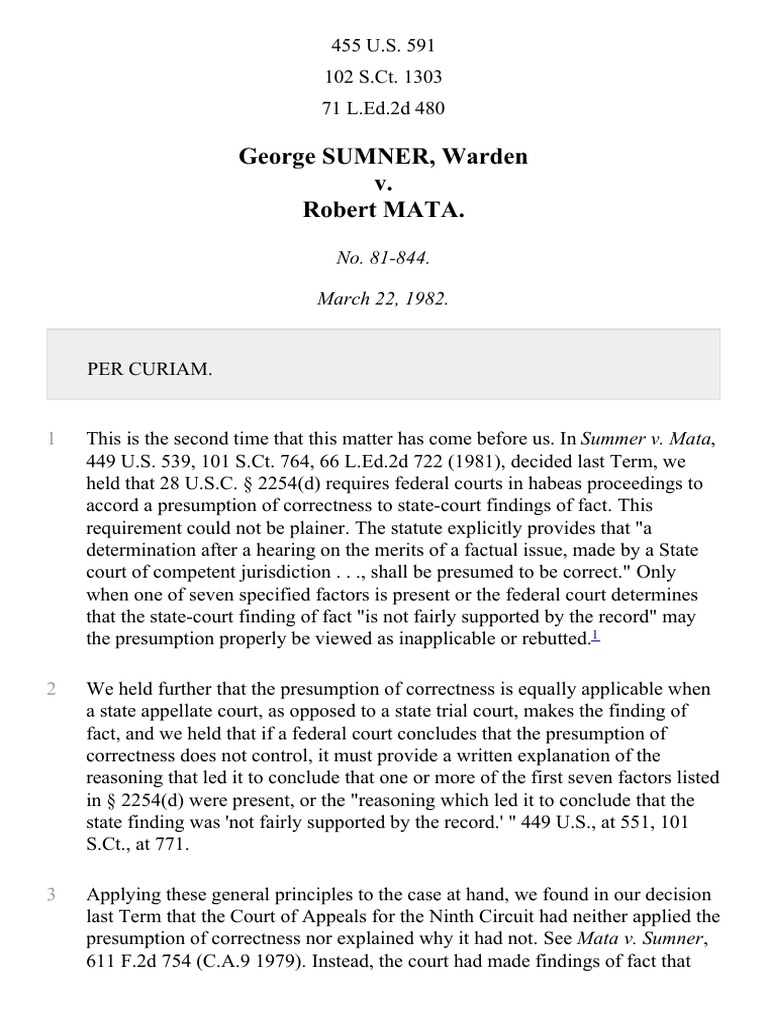 Sumner v. Mata, 455 U.S. 591 (1982) | PDF | State Court (United States ...
