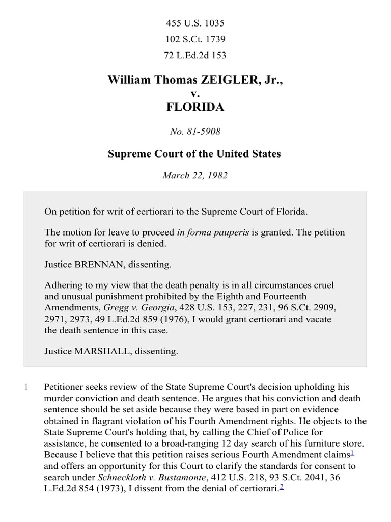 Zeigler v. Florida: Fourth Amendment Case | PDF | Supreme Court Of The ...