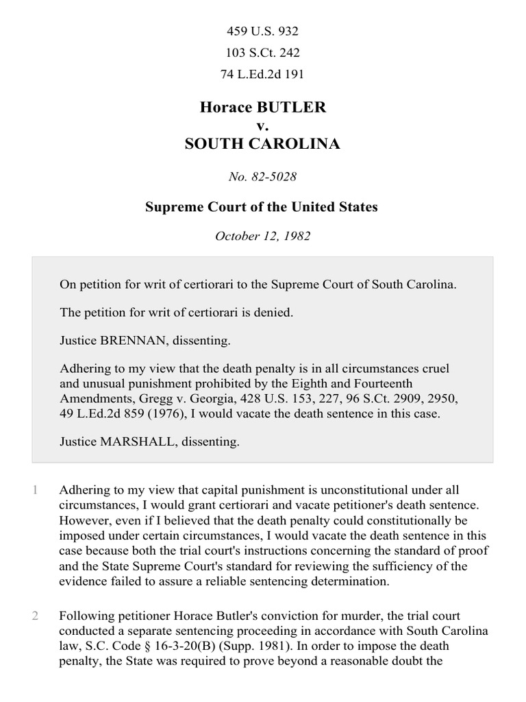 Horace Butler v. South Carolina, 459 U.S. 932 (1982) | PDF | Burden Of ...