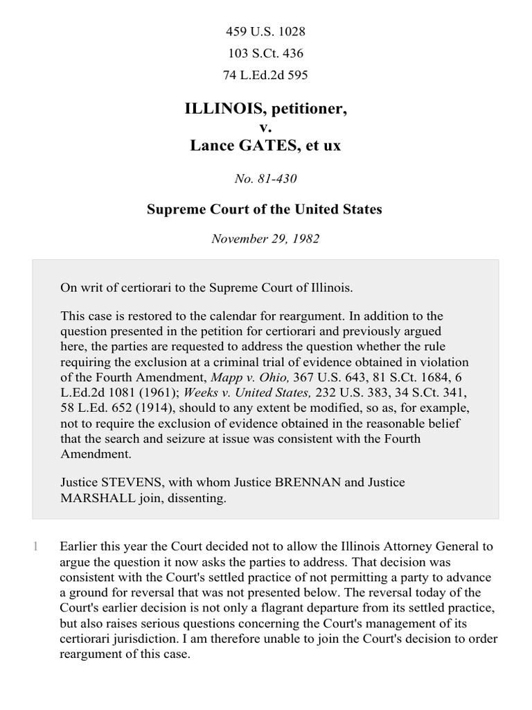 Illinois v. Lance Gates, Et Ux, 459 U.S. 1028 (1982) | PDF | Supreme ...